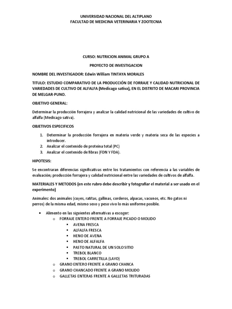 Proyecto de Investigacion Nutricion Animal | PDF | Alfalfa | Experimentar