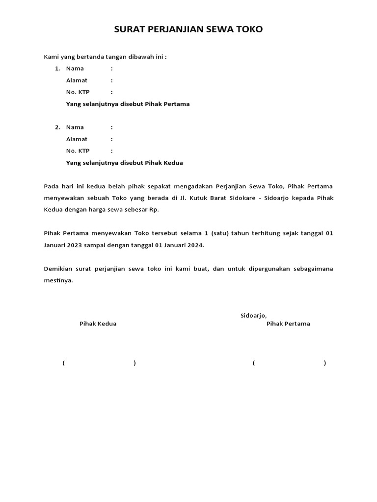 Surat Perjanjian Sewa Toko | PDF