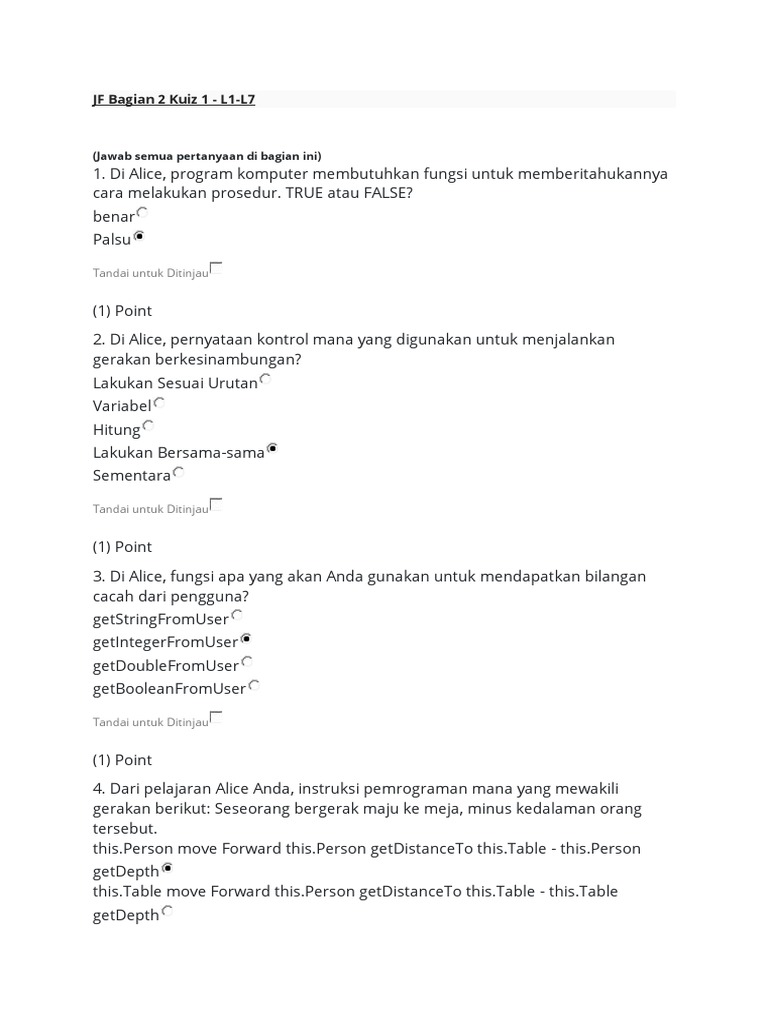 JF Bagian 2 Kuiz 1 - L1-L7 | PDF | Metode & Bahan Ajar