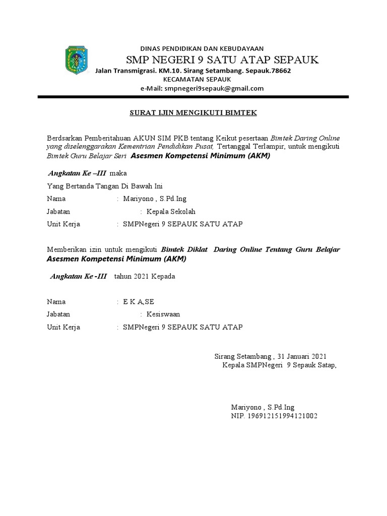 Surat Ijin Mengikuti Bimtek | PDF