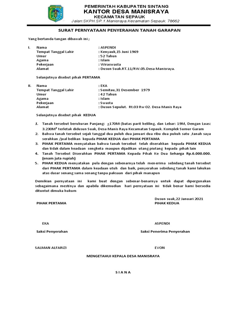 Surat Pernyataan Penyerahan Tanah Garapan | PDF Surat Pernyataan Penyerahan Tanah Garapan | PDF