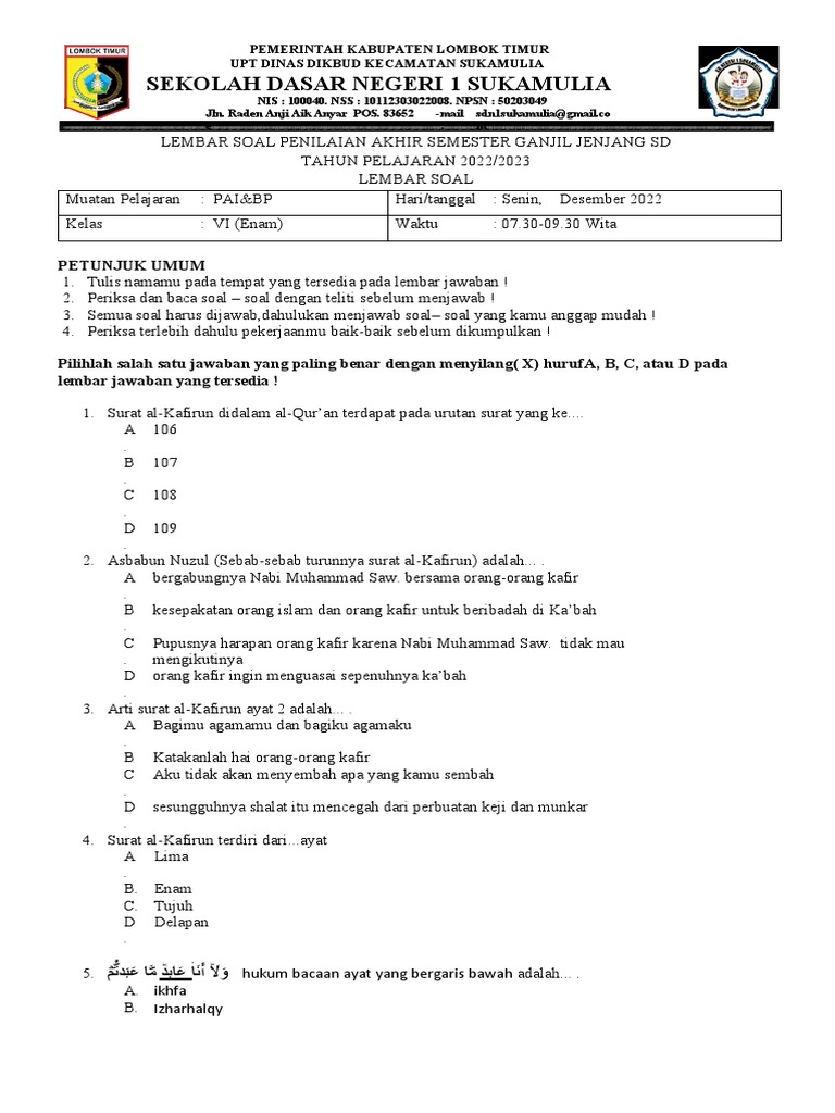 Soal Pas 1 KLS 6 2022-2023 | PDF