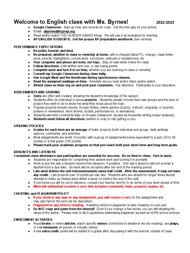 2023 Byrnes Syllabi Policies | PDF | English Literature
