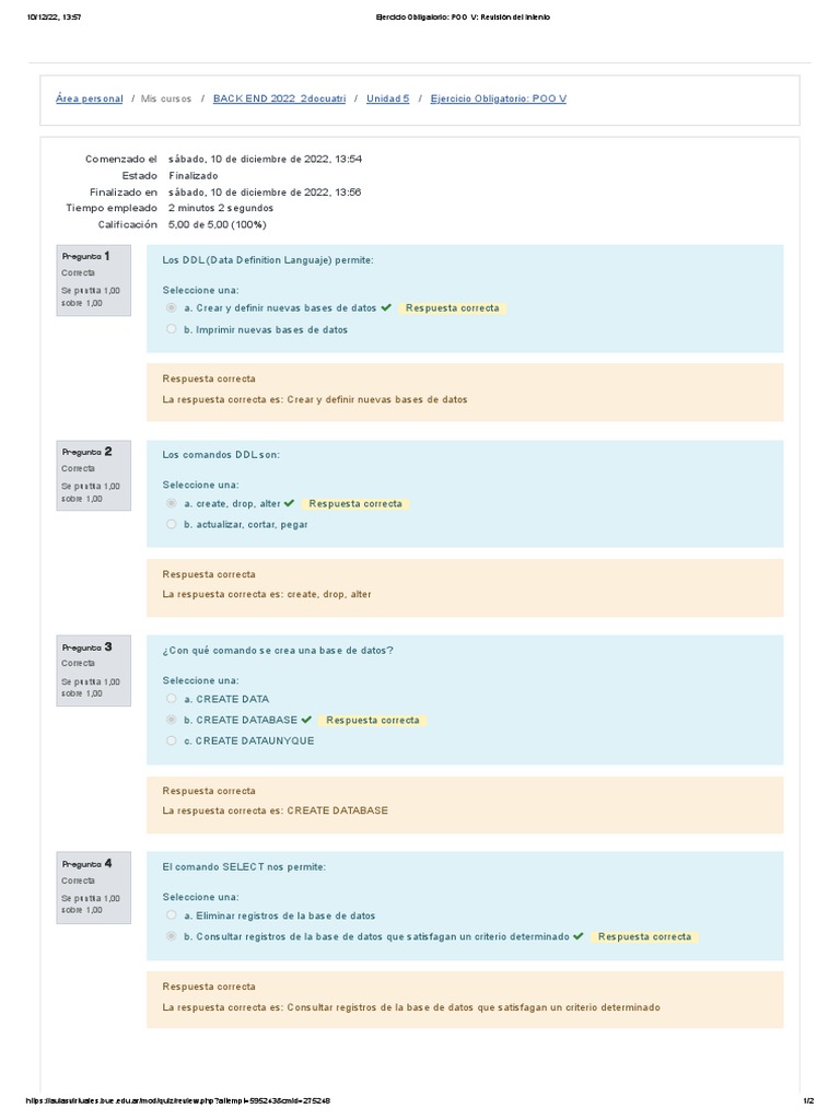 Ejercicio Obligatorio - POO V - Revisión Del Intento | PDF | Bases de datos | SQL