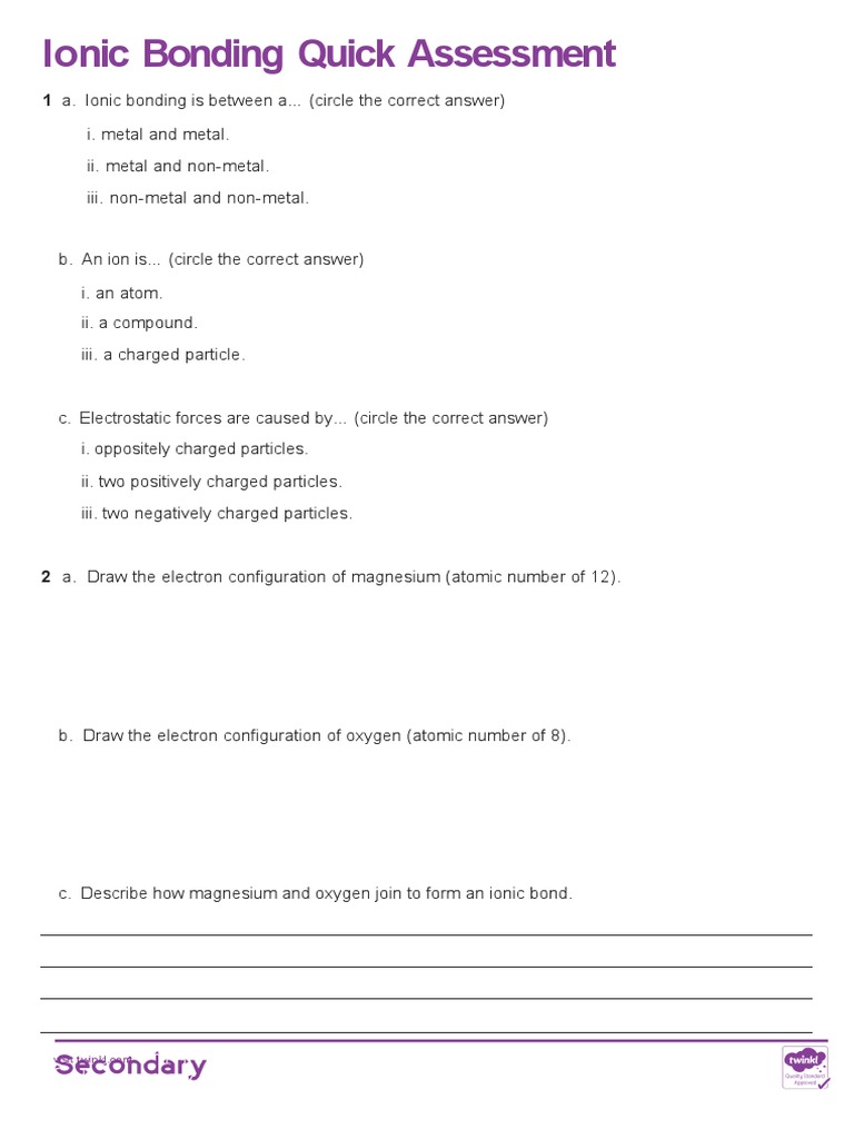 Ionic Bonding Quick Assessment | PDF