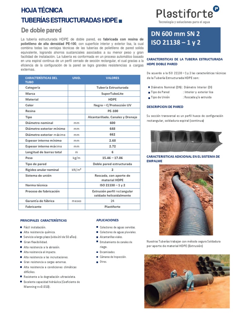 Tuberías Estructuradas HDPE DN 600 | PDF | Tubería (transporte de ...