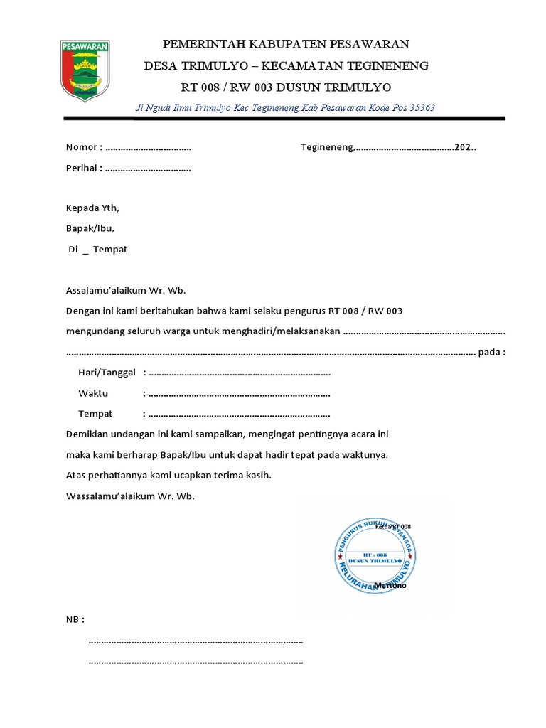 Undangan Warga RT 008/RW 003 Trimulyo | PDF