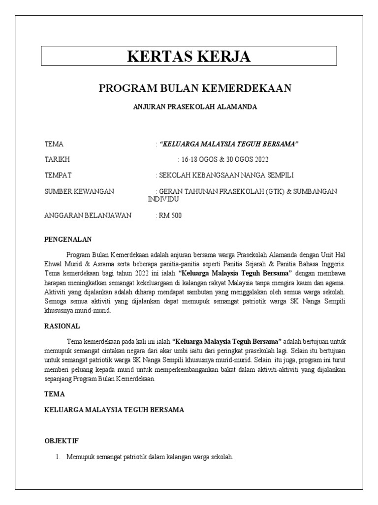 KERTAS KERJA Program Bulan Kemerdekaan Anjuran Prasekolah 2022 | PDF