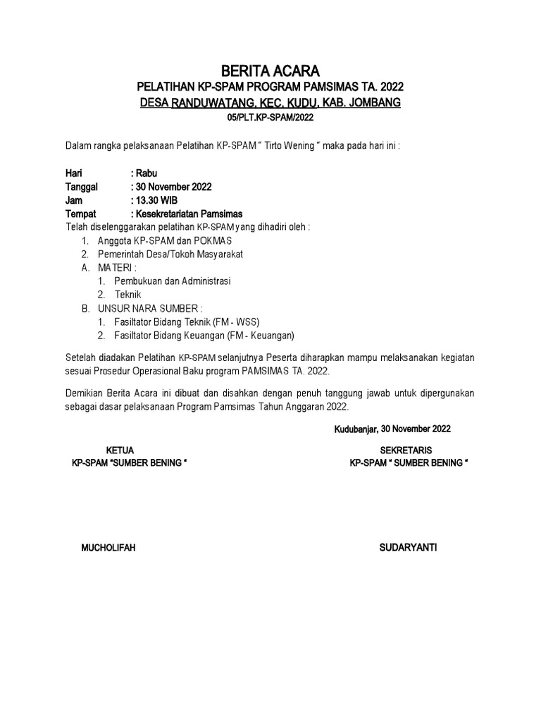 Plth. KP-SPAM - Berita Acara Pelatihan | PDF