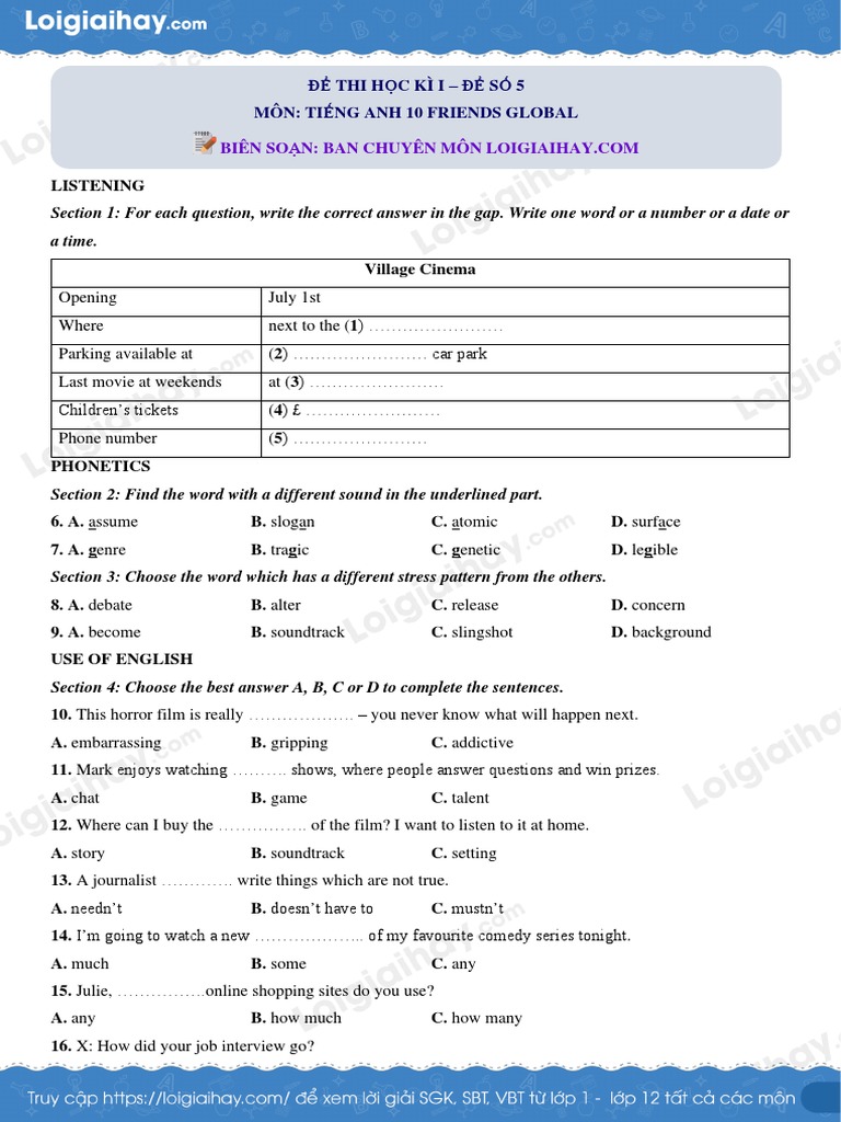 De Thi Hoc Ki 1 Tieng Anh 10 Friends Global de So 5 1669694287 | PDF