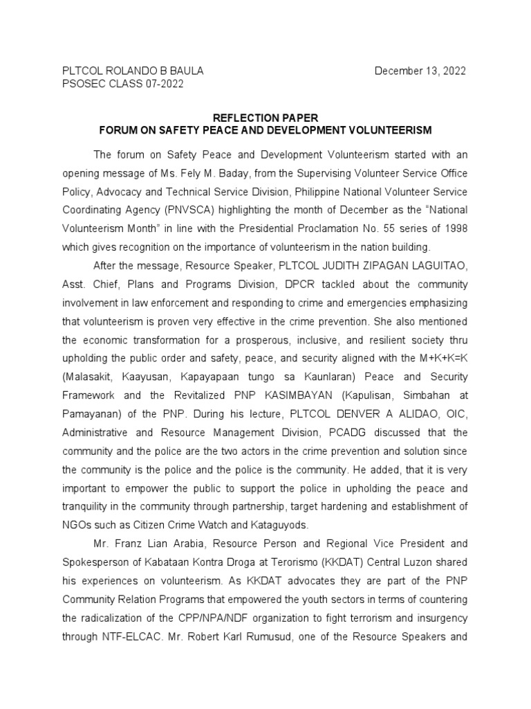 Reflection Paper Volunteerism OSEC Dec 13 | PDF | Volunteering