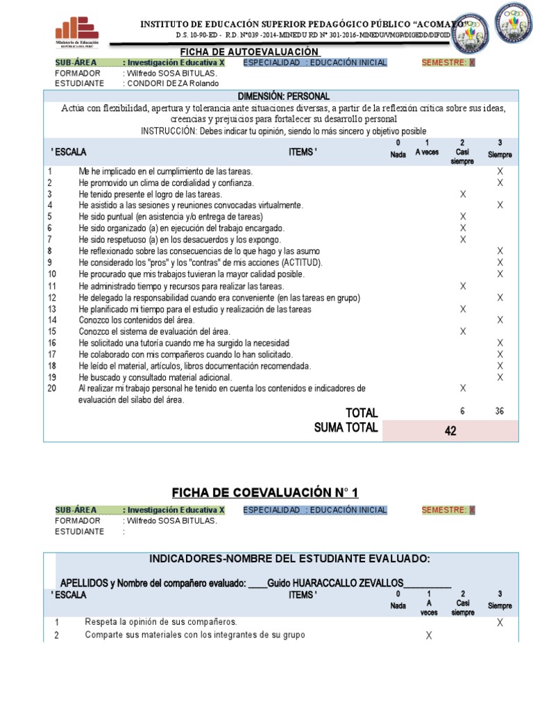 Ficha de Autoevaluación - Coevaluacion | PDF