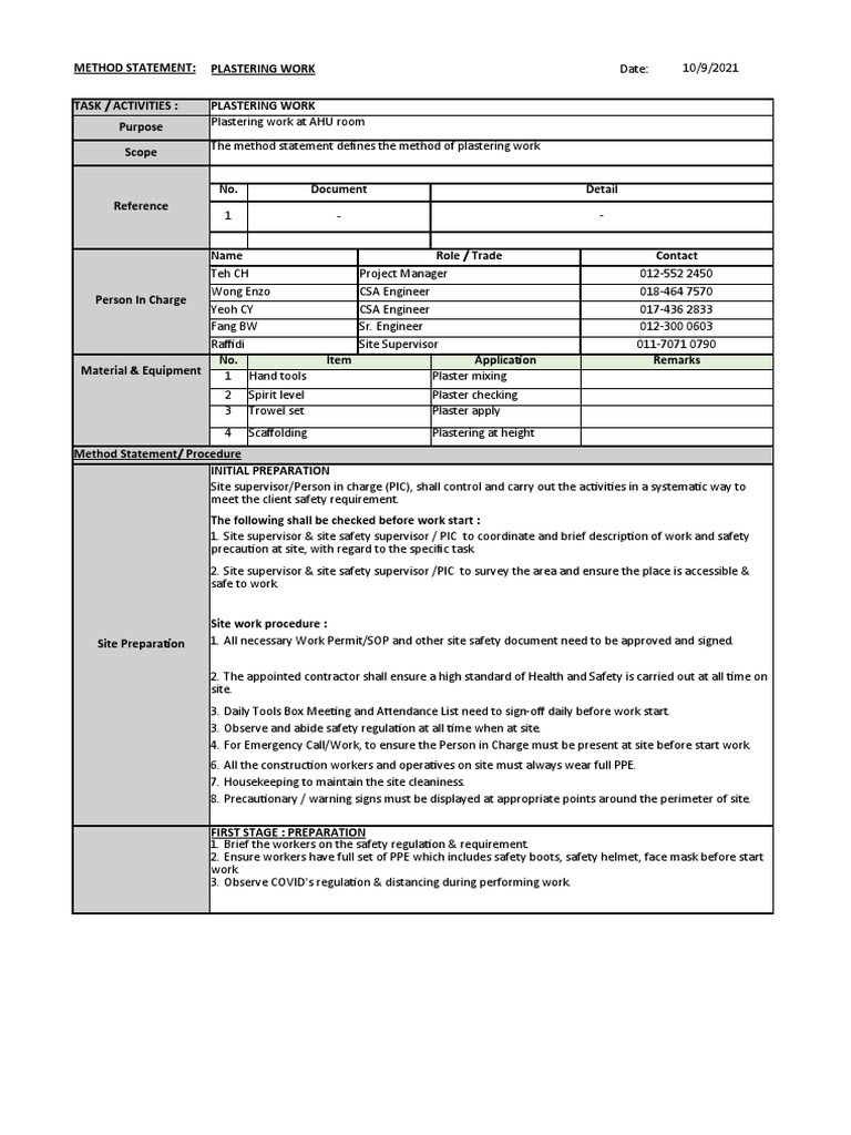 Plastering Work Method Statement | PDF | Personal Protective Equipment | Working Conditions