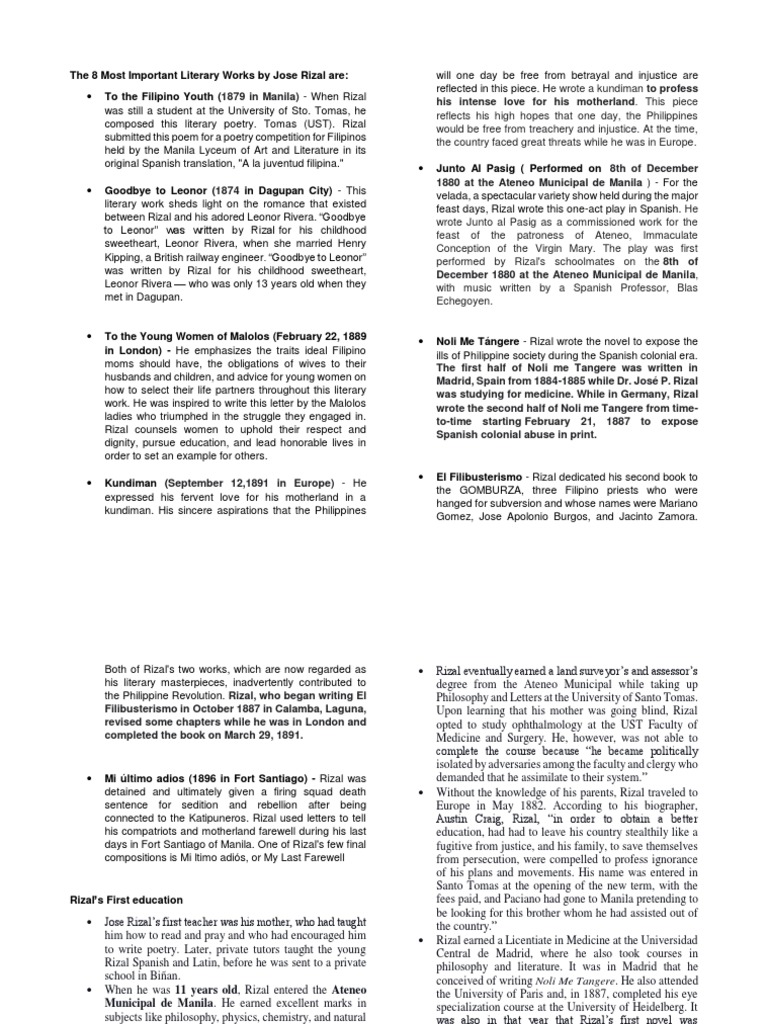 The 8 Most Important Literary Works by Jose Rizal | PDF | Philippines