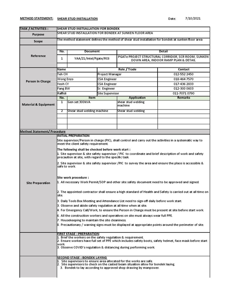 MOS of Shear Stud Installation | PDF | Welding | Construction