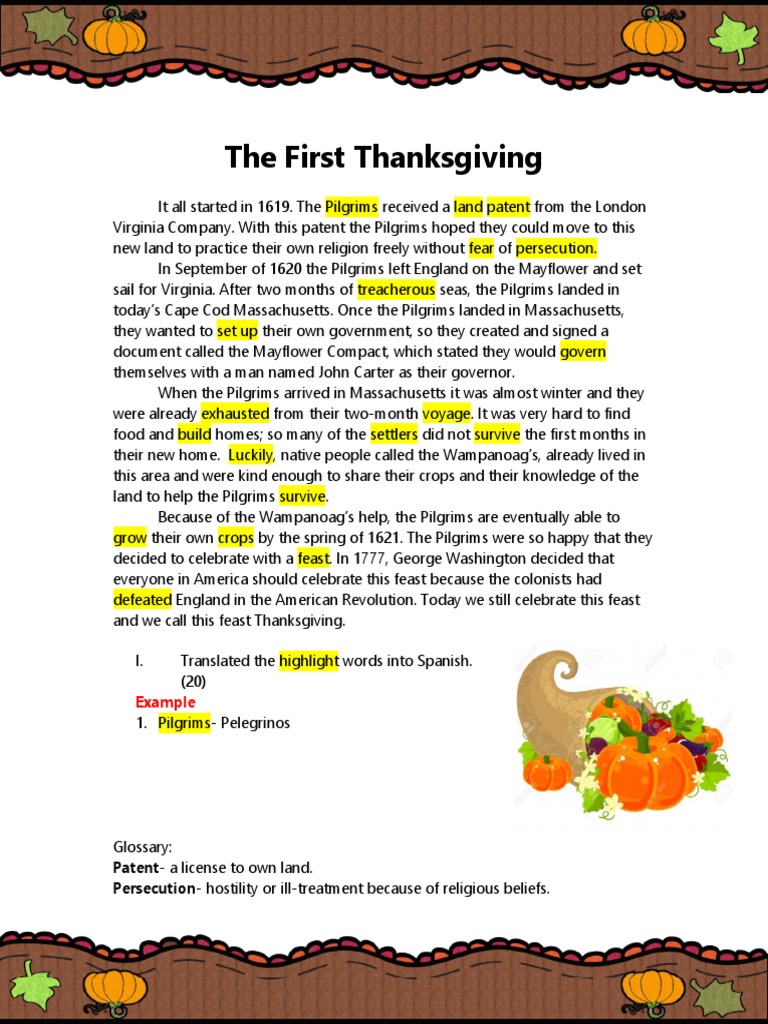 The First Thanksgiving reading andc omprehension questions-1 | PDF ...