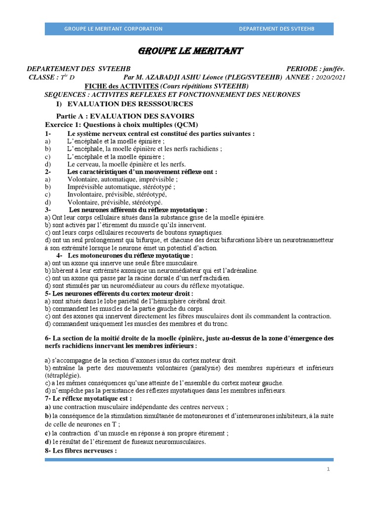 Activités sur le Système Nerveux 4ème | PDF | Nerf | Système nerveux