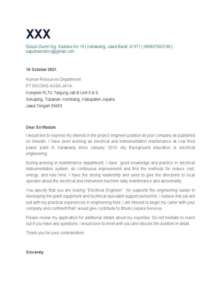 Project Engineer Application Letter | PDF
