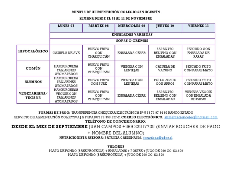 Minuta Almuerzos 14 Al 18 de Noviembre 2022 | PDF | Comida regional y ...