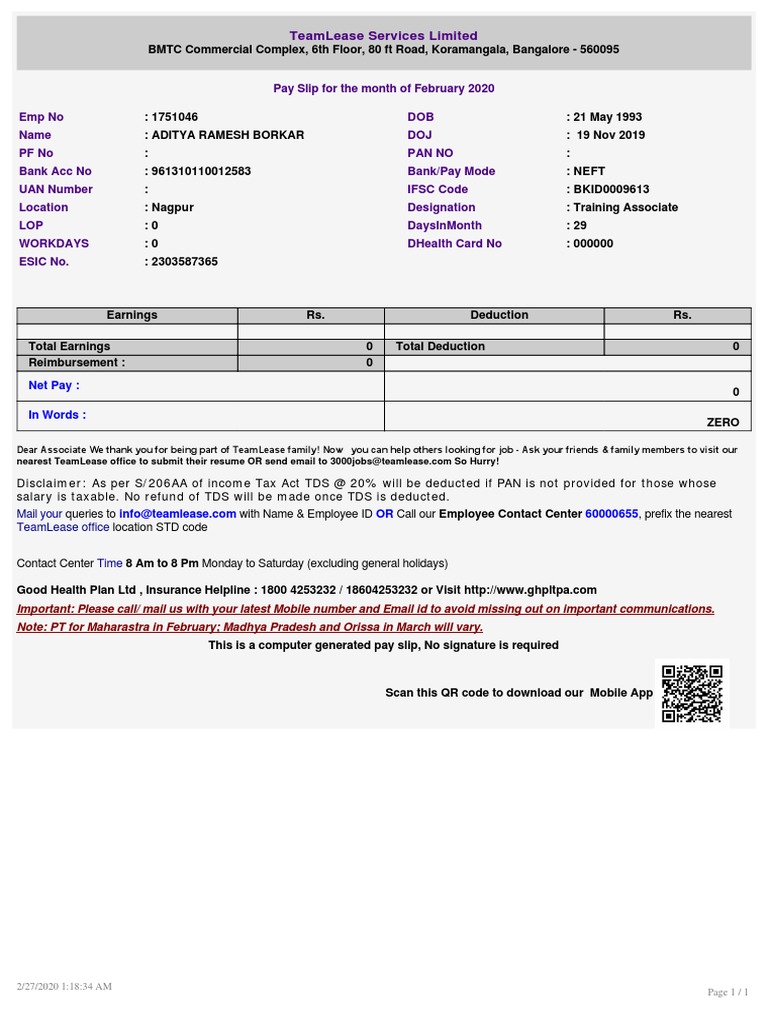TeamLease Services Pay Slip February 2020 | PDF | Taxation | Public Finance