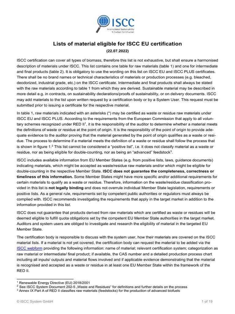 ISCC EU Material List Final 220722 | PDF | Biofuel | Waste