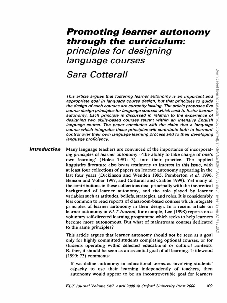 Promoting Learner Autonomy Through Curriculum Design Sara Cotterall 2020 | PDF | Learning ...