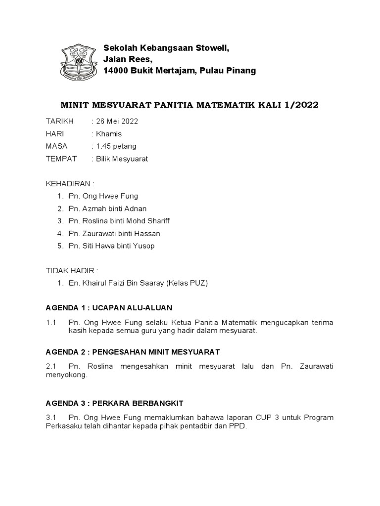 Minit Mesyuarat Math Kali 1 | PDF