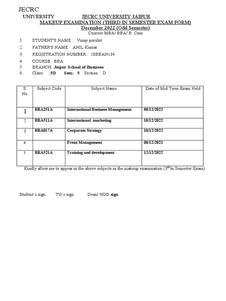 Makeup Exams (III in Sem Exams) Form | PDF