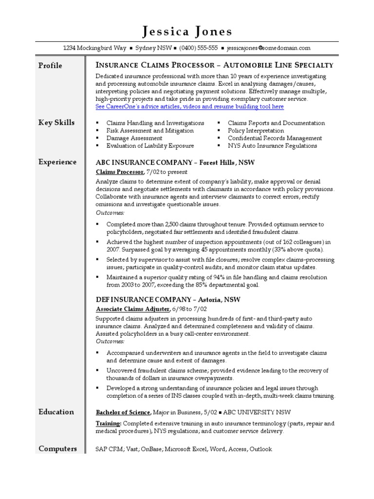 CV Template Insurance Claims Processor | PDF | Insurance | Vehicle ...