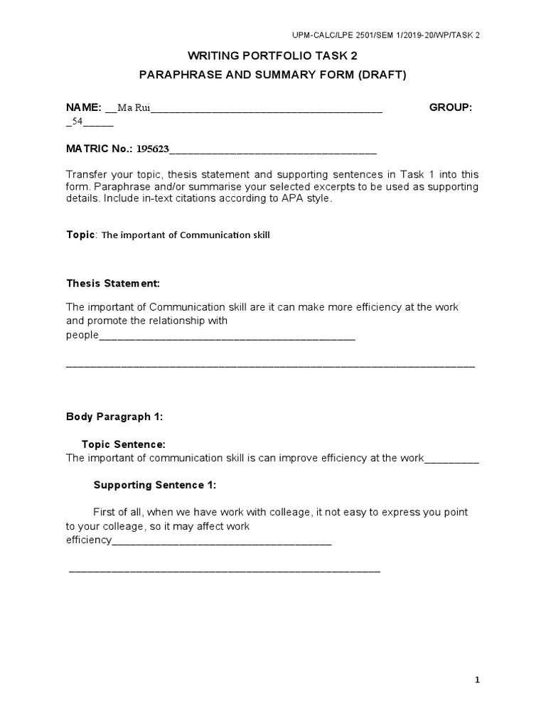 Lpe 2501 Writing Portfolio Task 2 (Paraphrase & Summary Form - Draft) | PDF | Communication