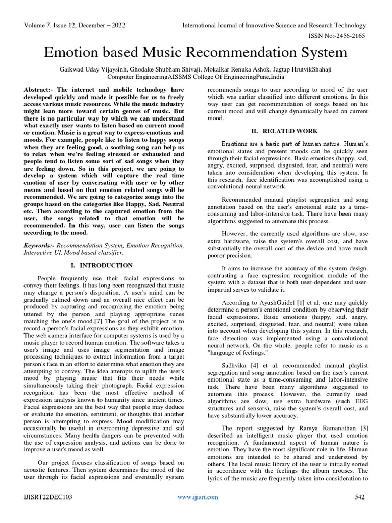 Emotion Based Music Recommendation System | PDF | Emotions | Artificial ...