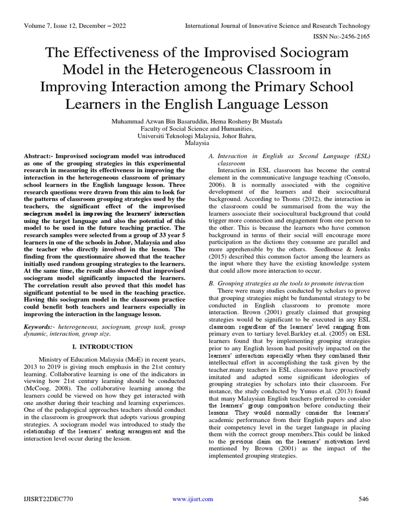 The Effectiveness of The Improvised Sociogram Model in The ...