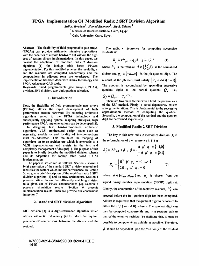 Fpga Implementation of Modified Radix 2 SRT Division Algorithm ... Fpga Implementation of Modified Radix 2 SRT Division Algorithm ...