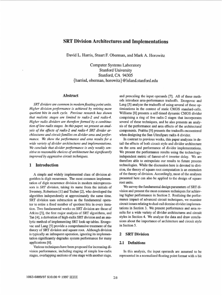 SRT Division Architectures and Implementations | PDF | Electrical Engineering | Computer Engineering