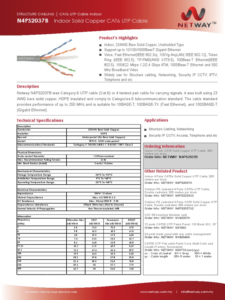 Indoor CAT6 UTP Cable Specifications | PDF | Electrical Engineering ...