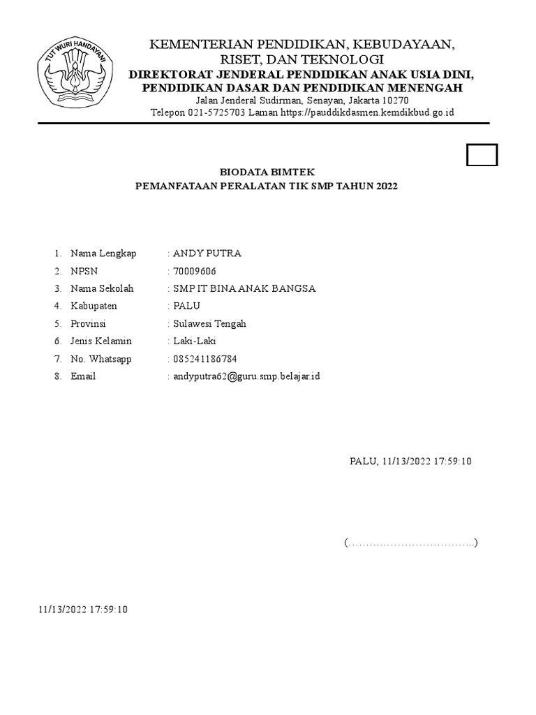 Biodata Bimtek TIK Hotel Santika | PDF