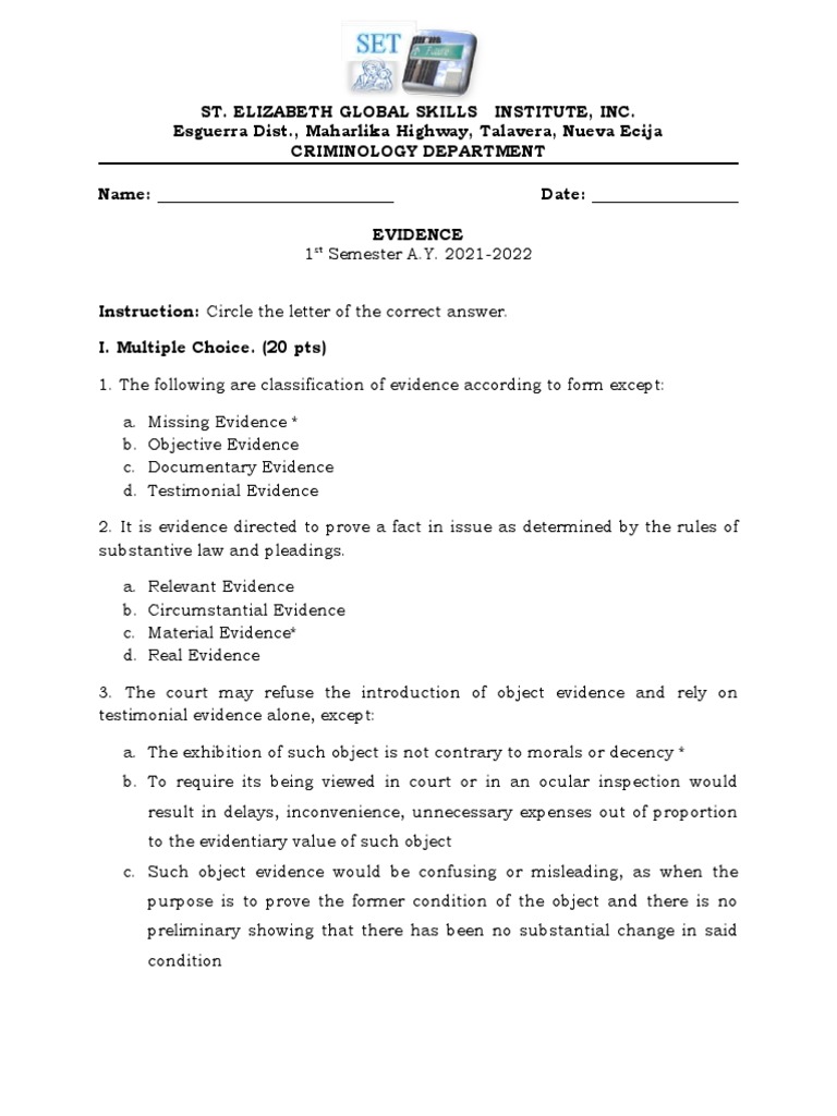 Evidence Exam | PDF | Evidence (Law) | Evidence