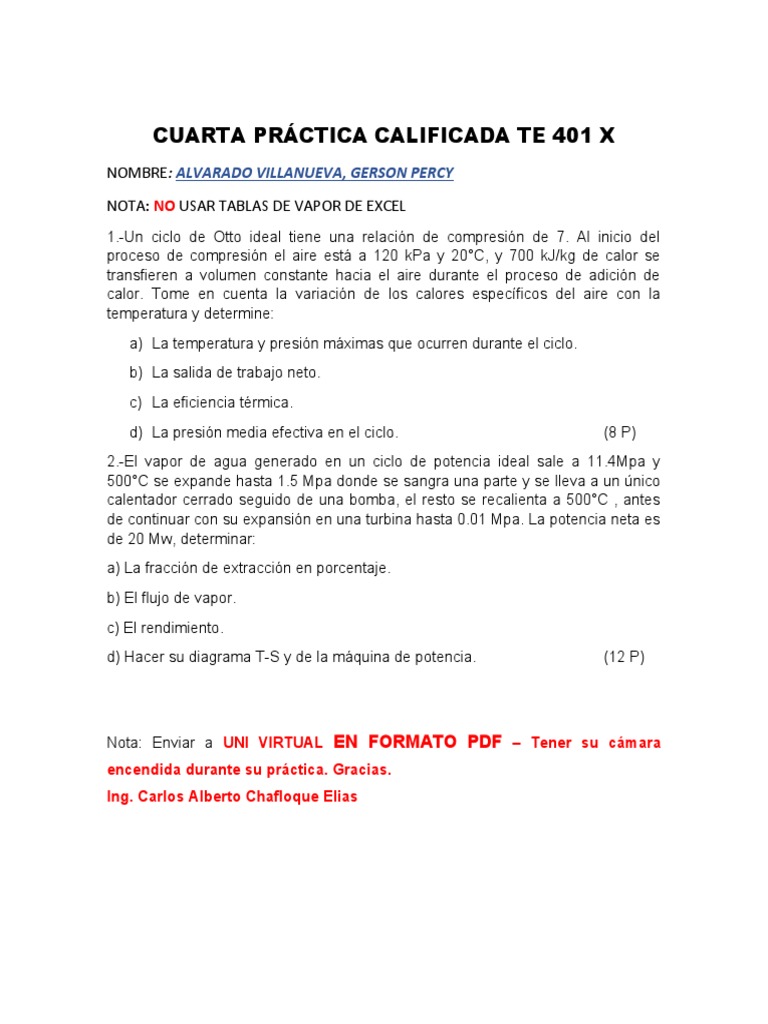 Cuarta Práctica Calificada Te 401 X | PDF | Temperatura | Vapor de agua