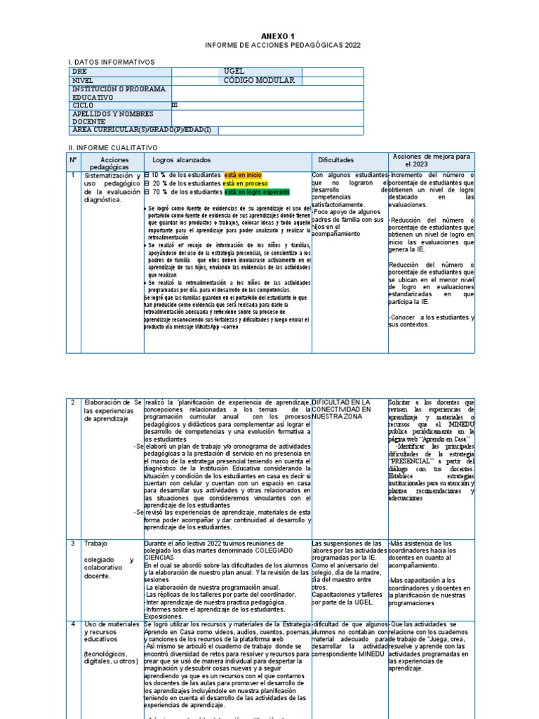 1 y 2° Informe de Acciones Pedagogicas 2022 | PDF | Método de enseñanza | Aprendizaje