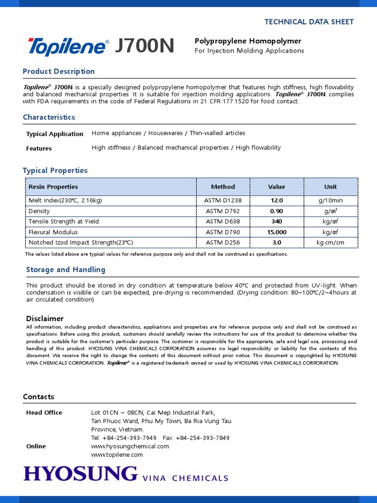 Topilene J700N EN | PDF | Polymers | Materials