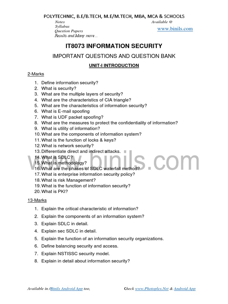 It8073 Information Security Reg 17 Question Bank | PDF | Information ...