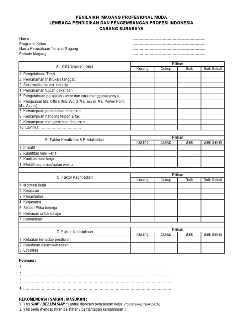 Form Penilaian Magang (Baru) | PDF