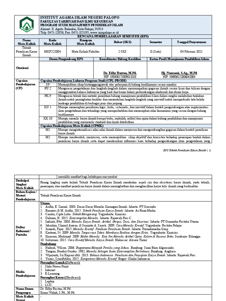 RPS Teknik Penulisan Karya Ilmiah | PDF | Karier & Perkembangan