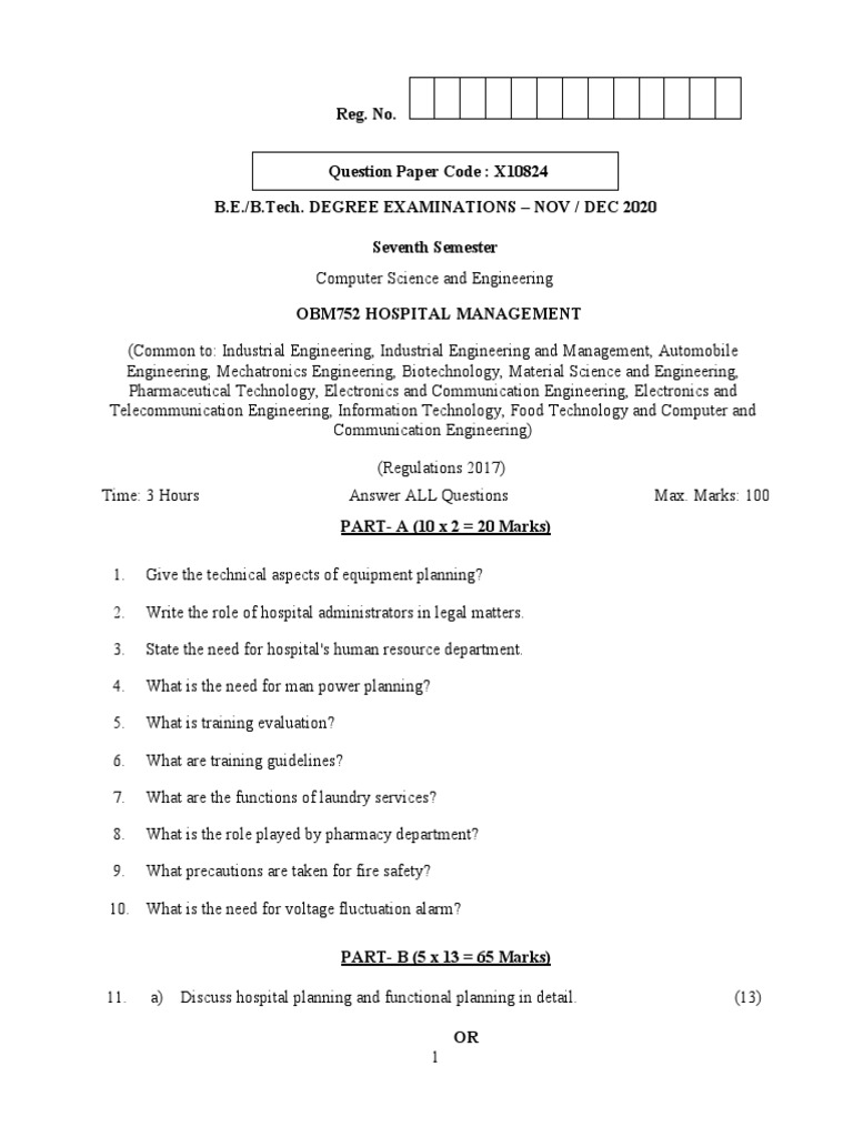 Obm 752-Hospital Management Cse Dept QP | PDF | Hospital | Engineering