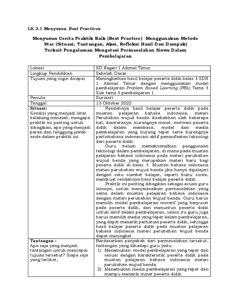 LK 3.1 Best Practice - Surianti | PDF | Karier & Perkembangan | Sains & Matematika