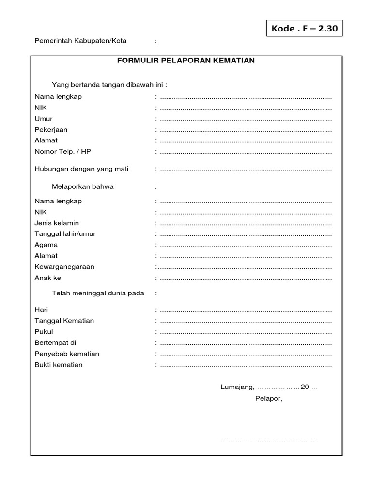 Formulir Pelaporan Kematian Dukcapil | PDF