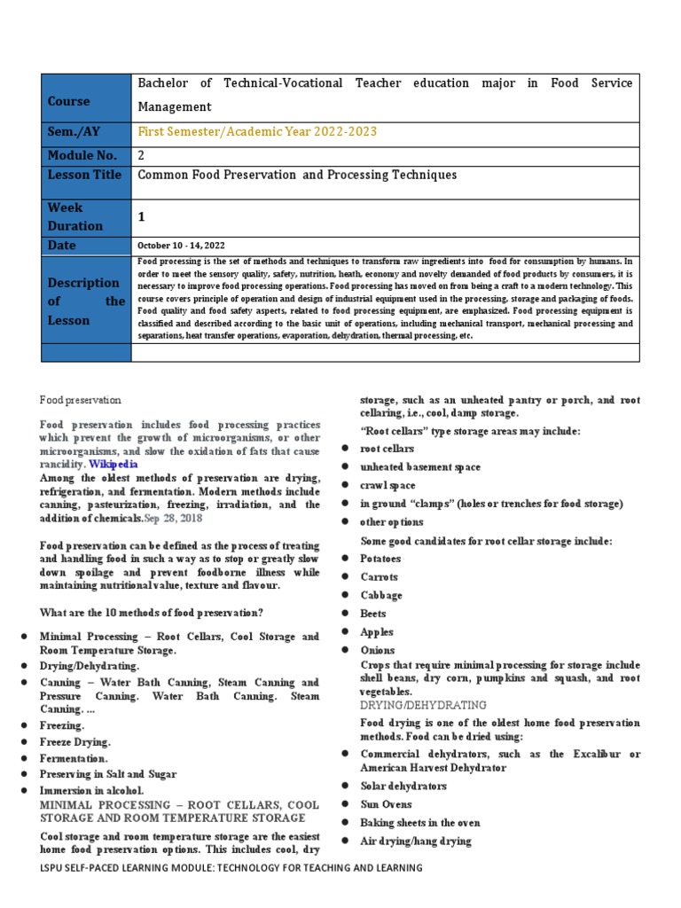Common Food Preservation Techniques | PDF | Food Preservation | Canning