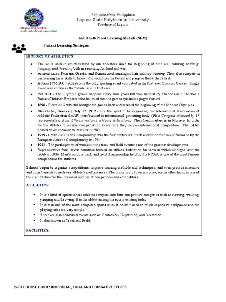 Pe 3 Module 1 - Athletics Events | PDF | Track And Field | Sleep