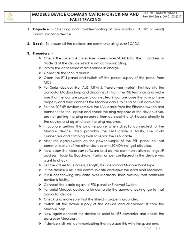QMS-WI-OMS-11 Modbus Device Checking and Fault Tracing | PDF | Network ...