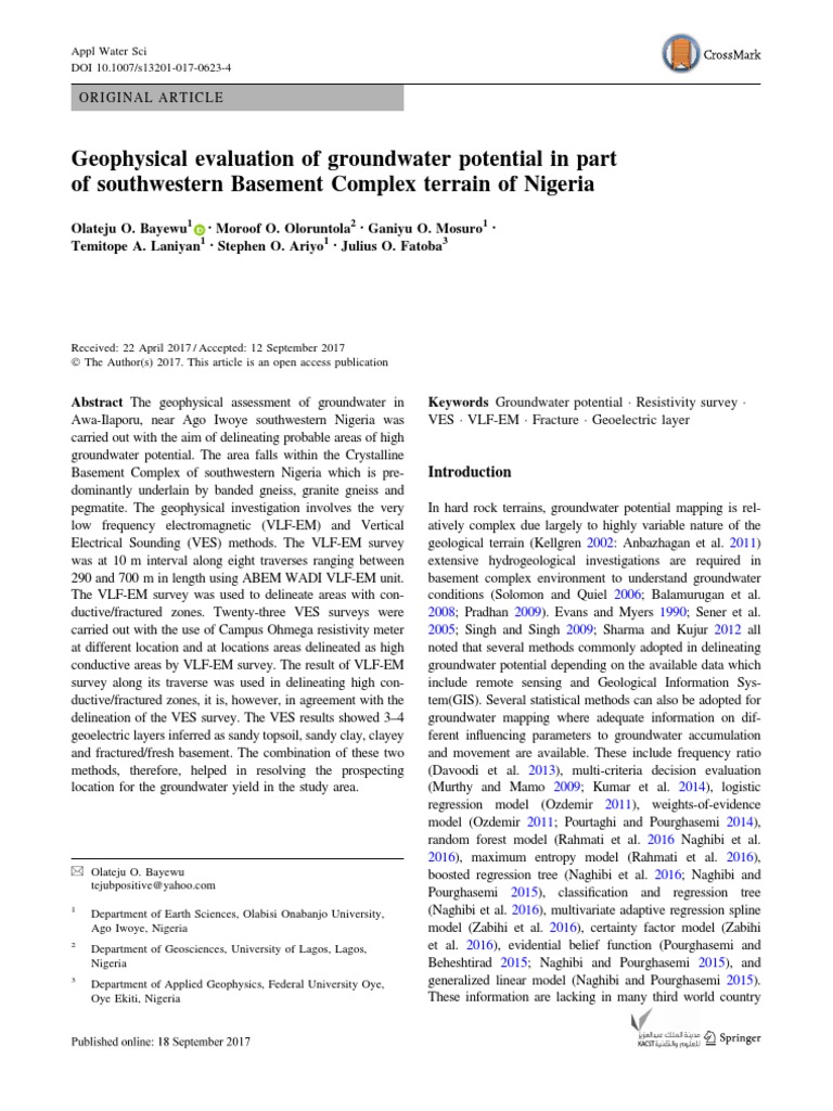 Geophysical Evaluation of Groundwater Potential in Part of Southwestern ...